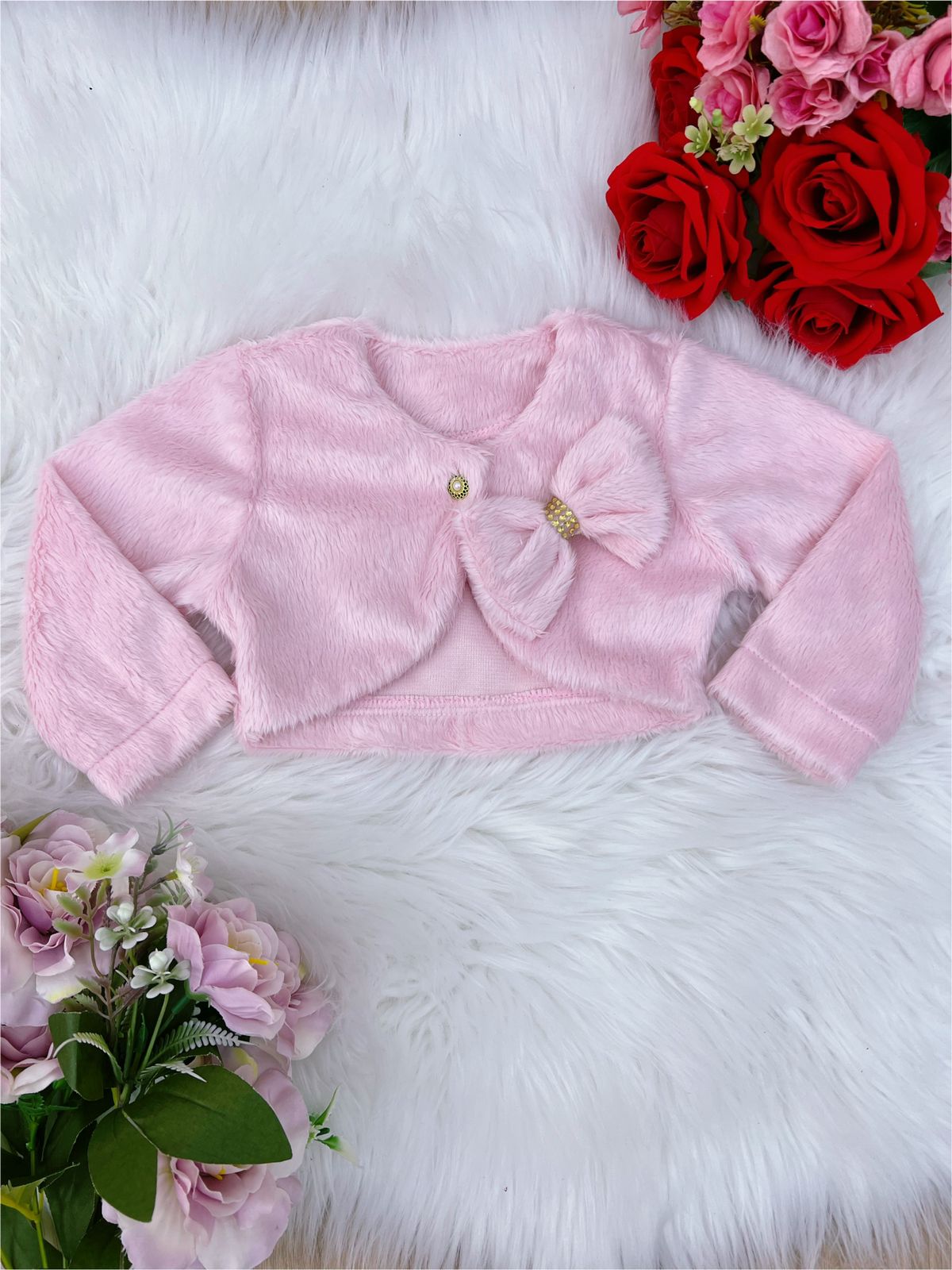 Bolero Infantil de Pelúcia Rosa Bebê Plush Botão Laço Stass - Rosa ...