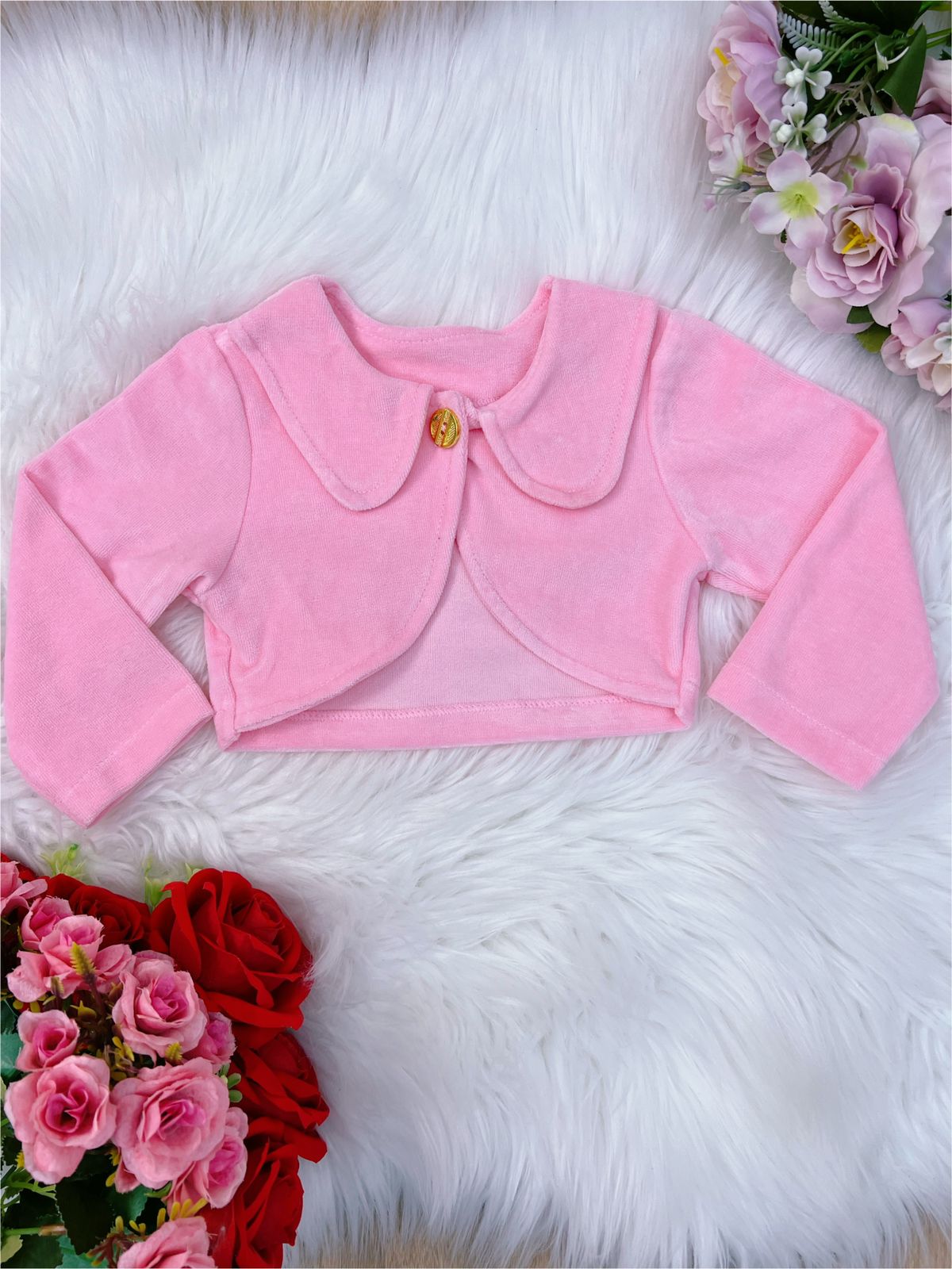 Bolero Infantil Rosa Bebê Plush Luxo Com Botão - Rosa Charmosa Atacado