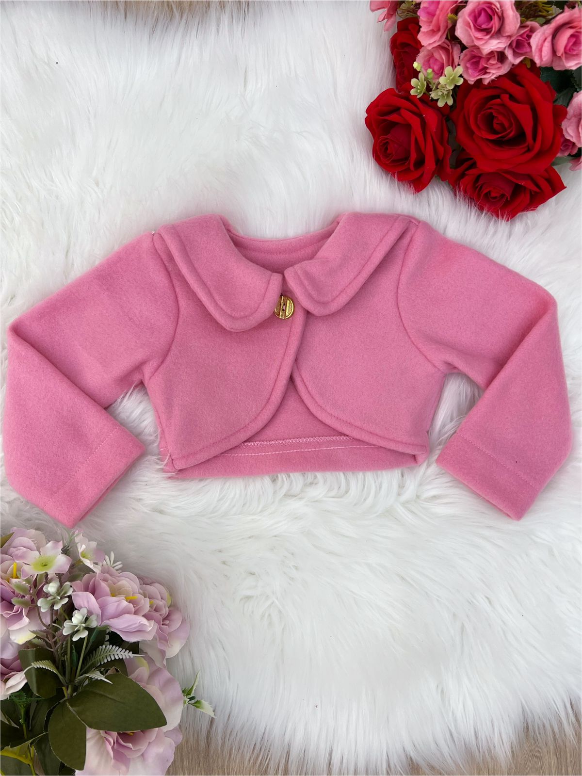 Bolero Infantil Rose Soft Luxo com Botão - Rosa Charmosa Atacado