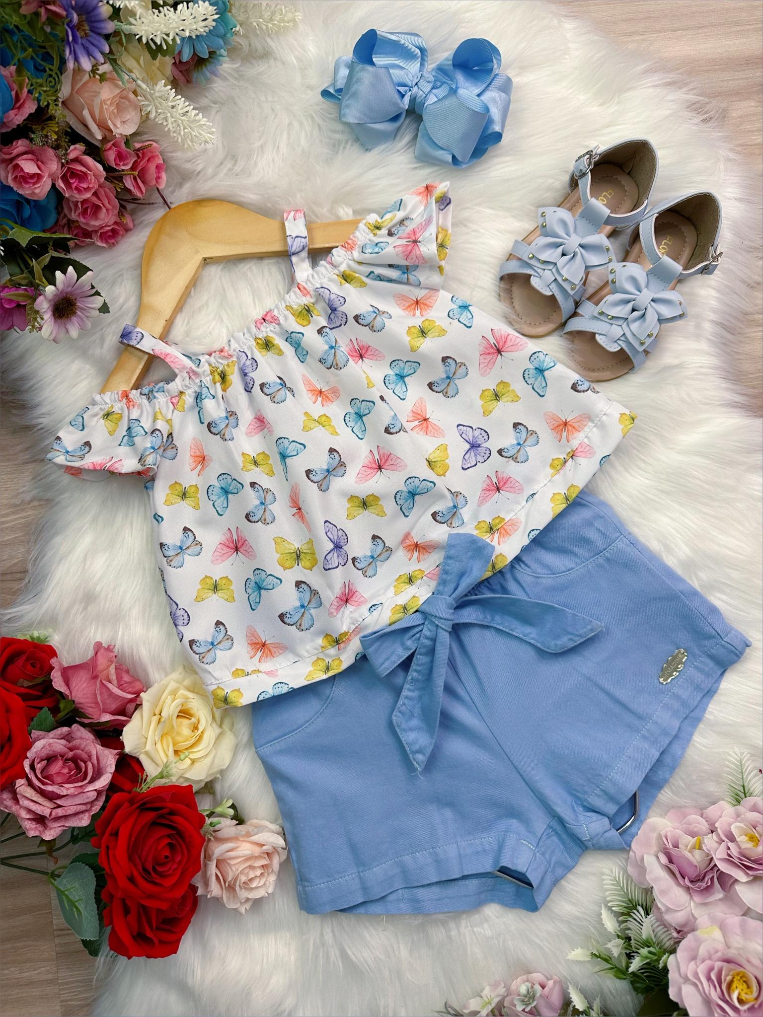 Conjunto Infantil Blusa Borboletas e Short Azul Bebê - Rosa Charmosa ...