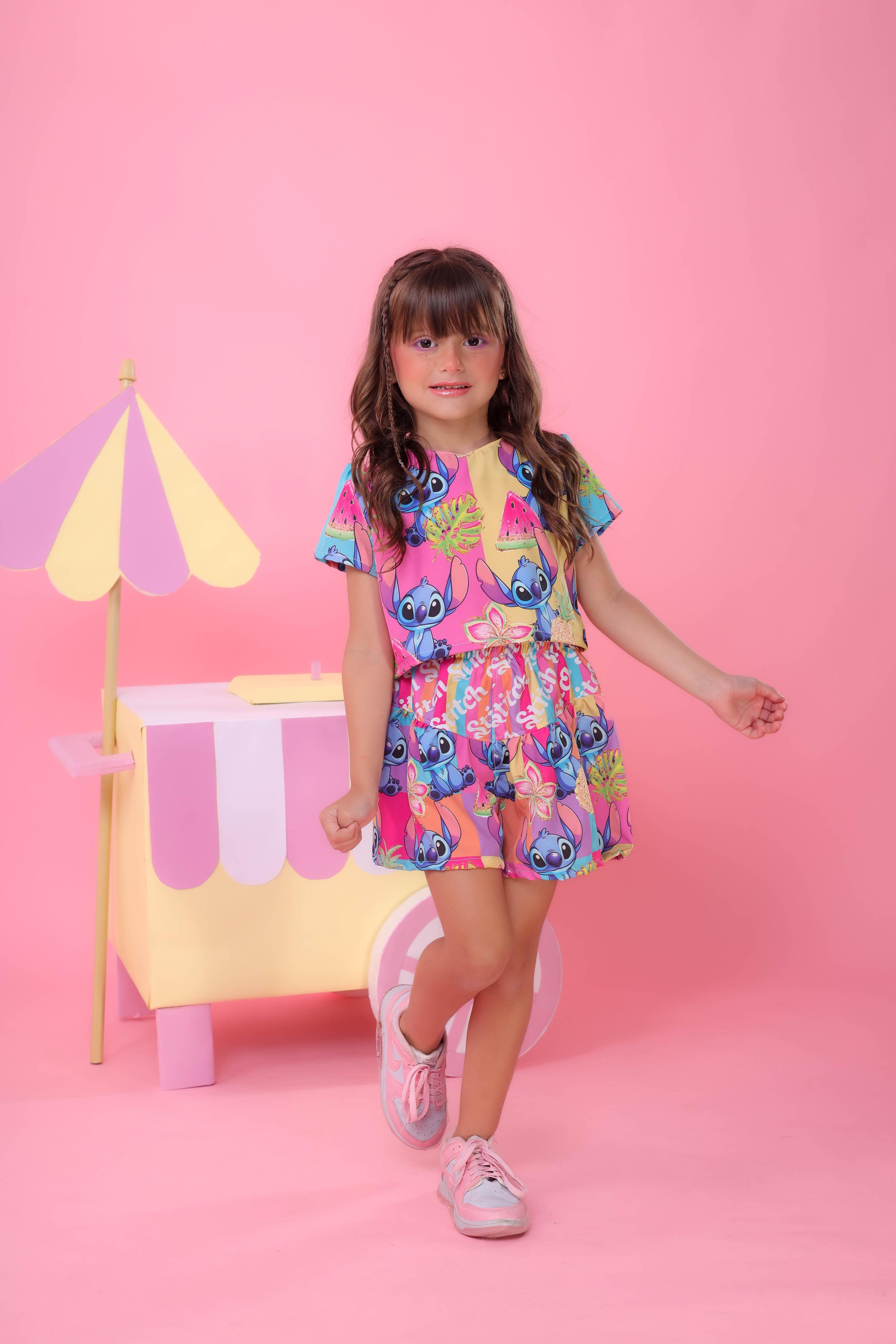 Conjunto Infantil Lilo e Stitch Rosa Luxo Festas - Rosa Charmosa Atacado