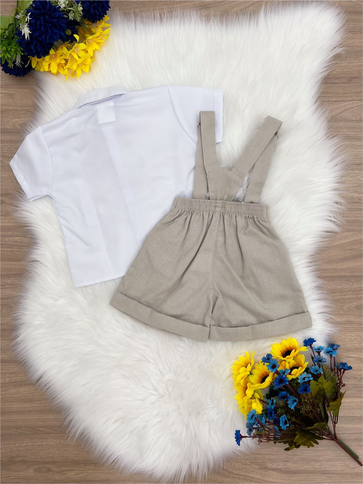Conjunto Social Pajen Bege e Branco com Gravata Suspensório - Rosa ...