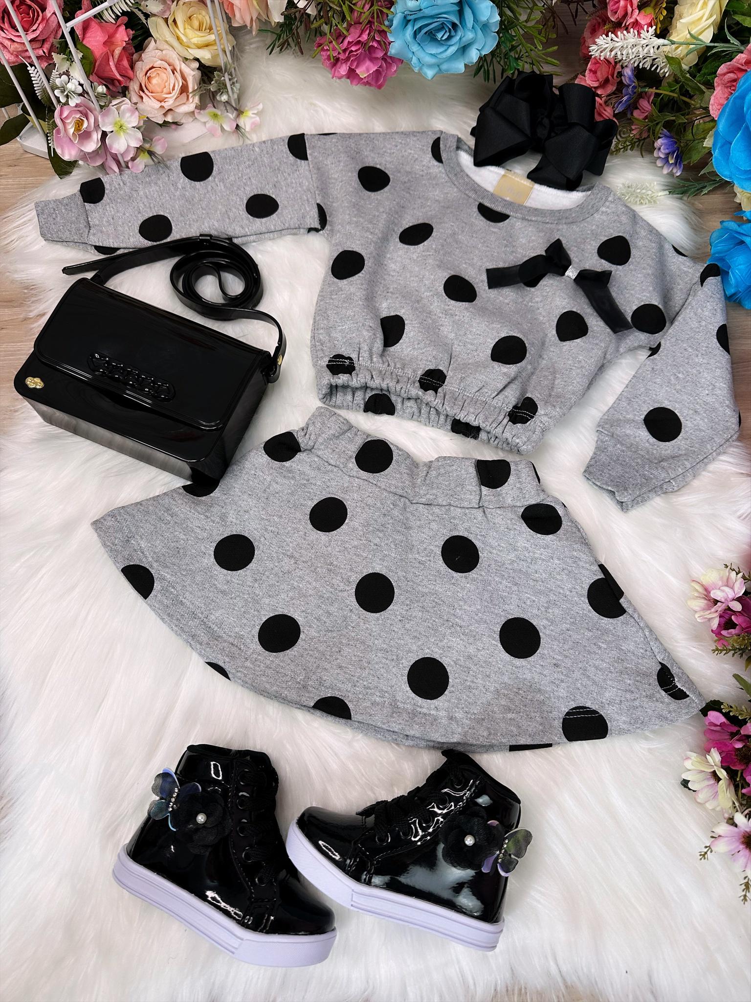 Conjunto de Moletom Blusa e Saia Cinza e Preto - Rosa Charmosa Atacado
