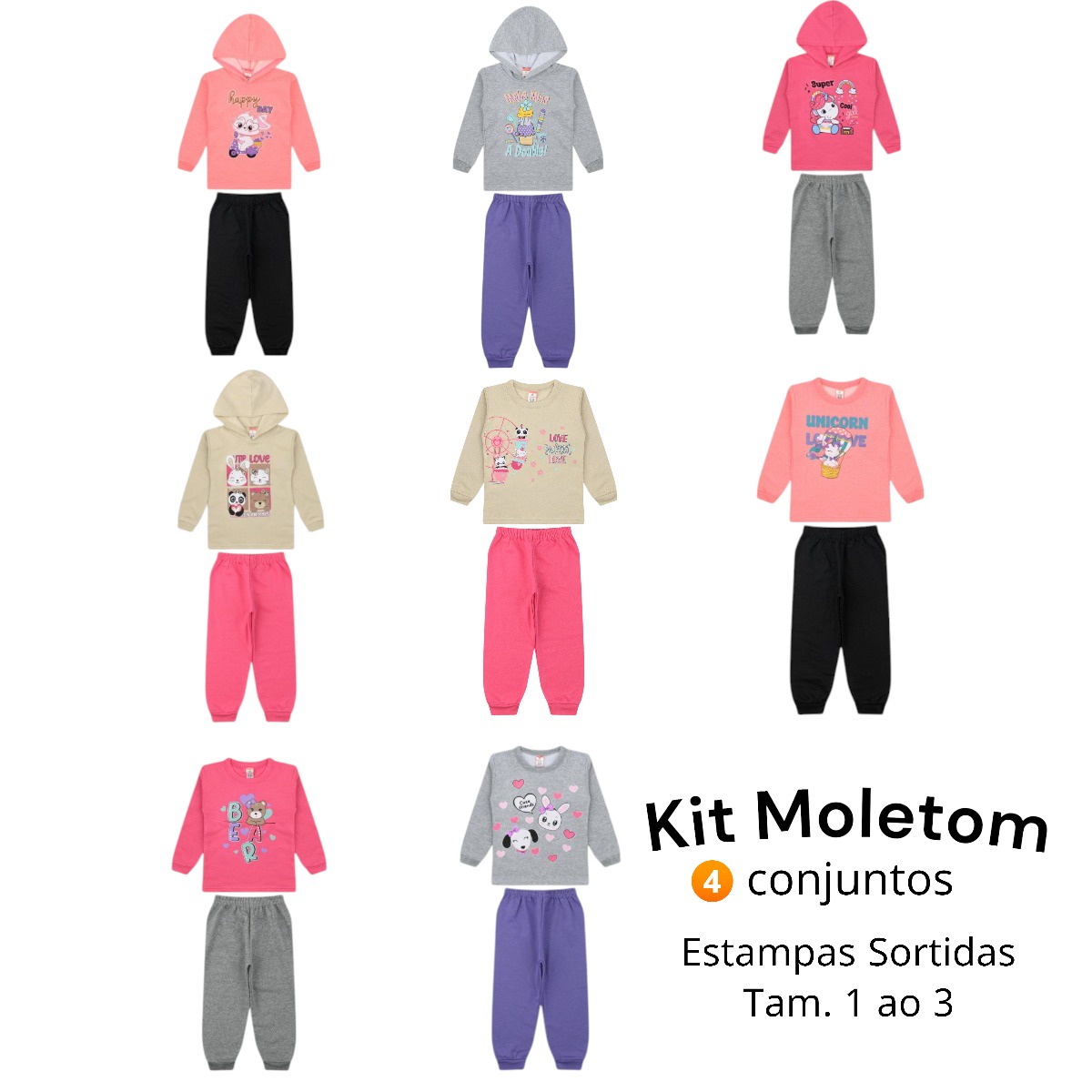 Kit de 4 Conjuntos de Moletom Infantil para Meninas do 1 ao 8 - Rosa ...