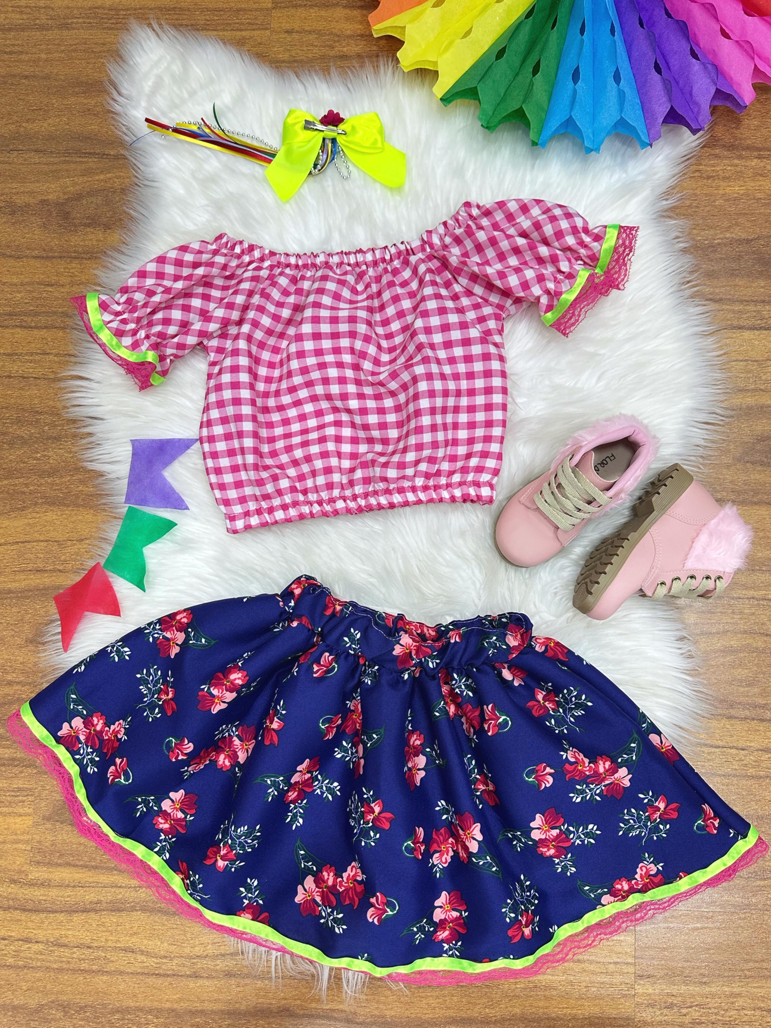 Conjunto Meninas Junino Rosa Xadrez Cropped Mini Saia Azul - Rosa ...