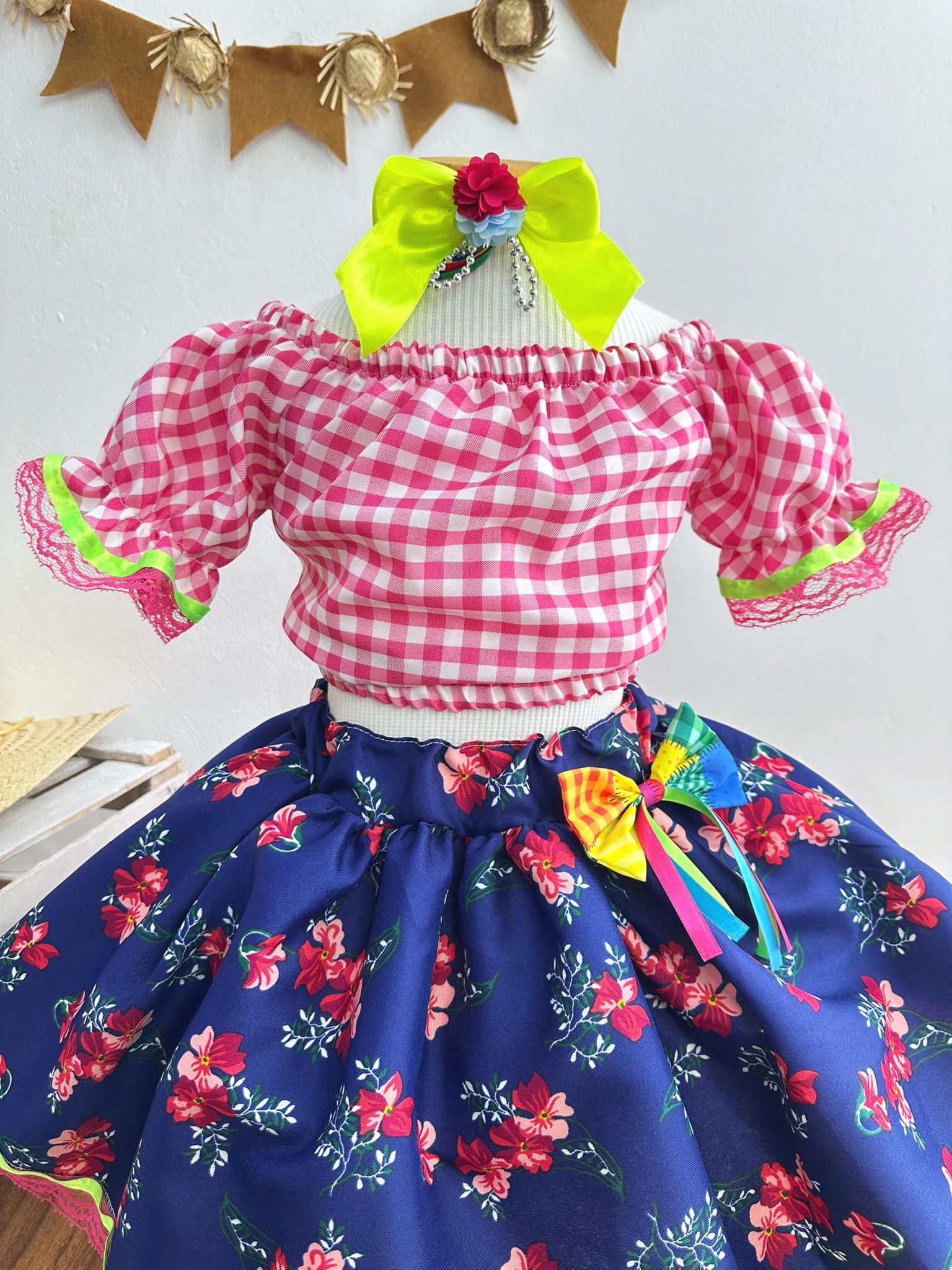 Conjunto Meninas Junino Rosa Xadrez Cropped Mini Saia Azul - Rosa ...