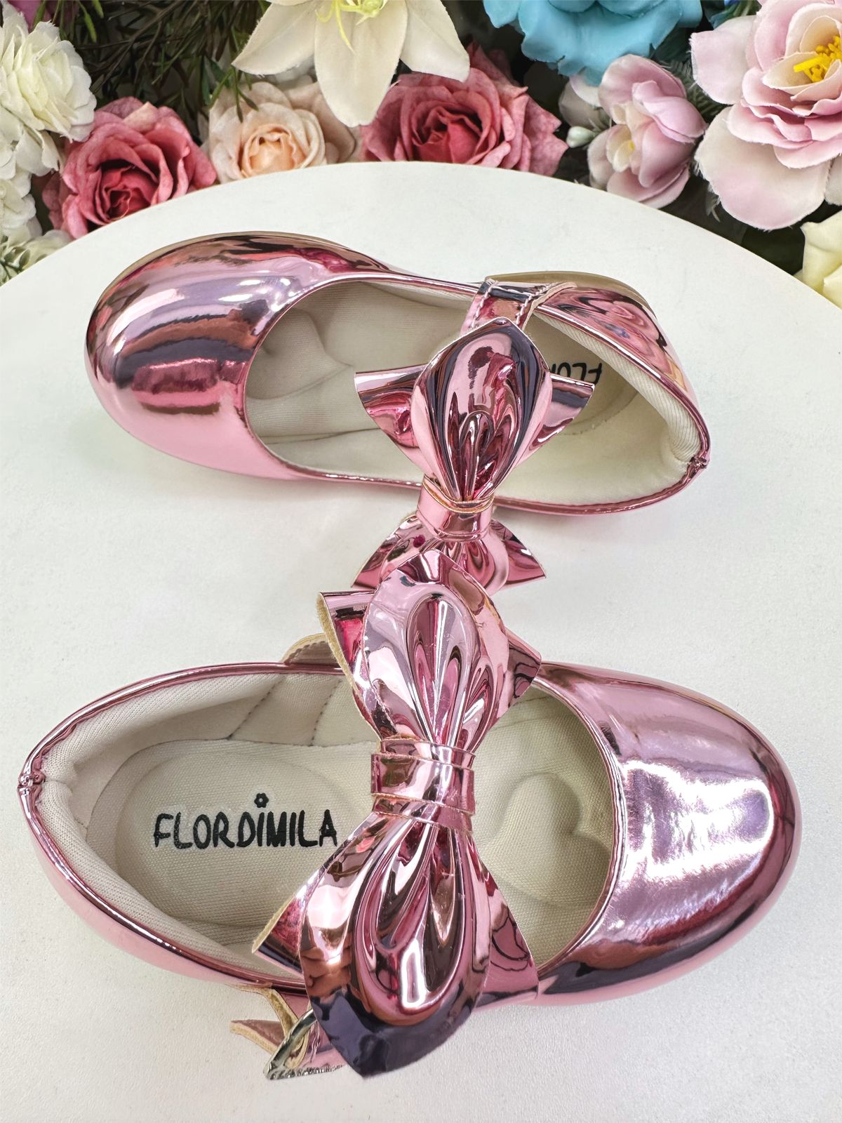 Sapatinho Rose Metalizado Com Lacinho Super Luxo - Rosa Charmosa Atacado