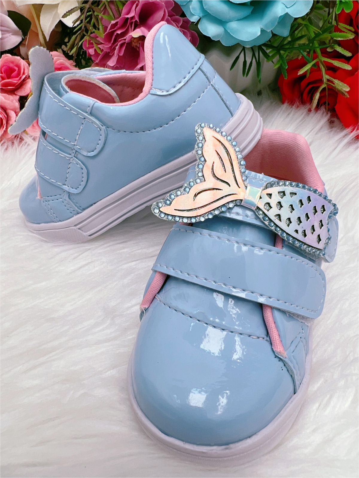Tênis Azul Bebê Verniz e Rosa Sereia Com Velcro Meninas - Rosa Charmosa ...