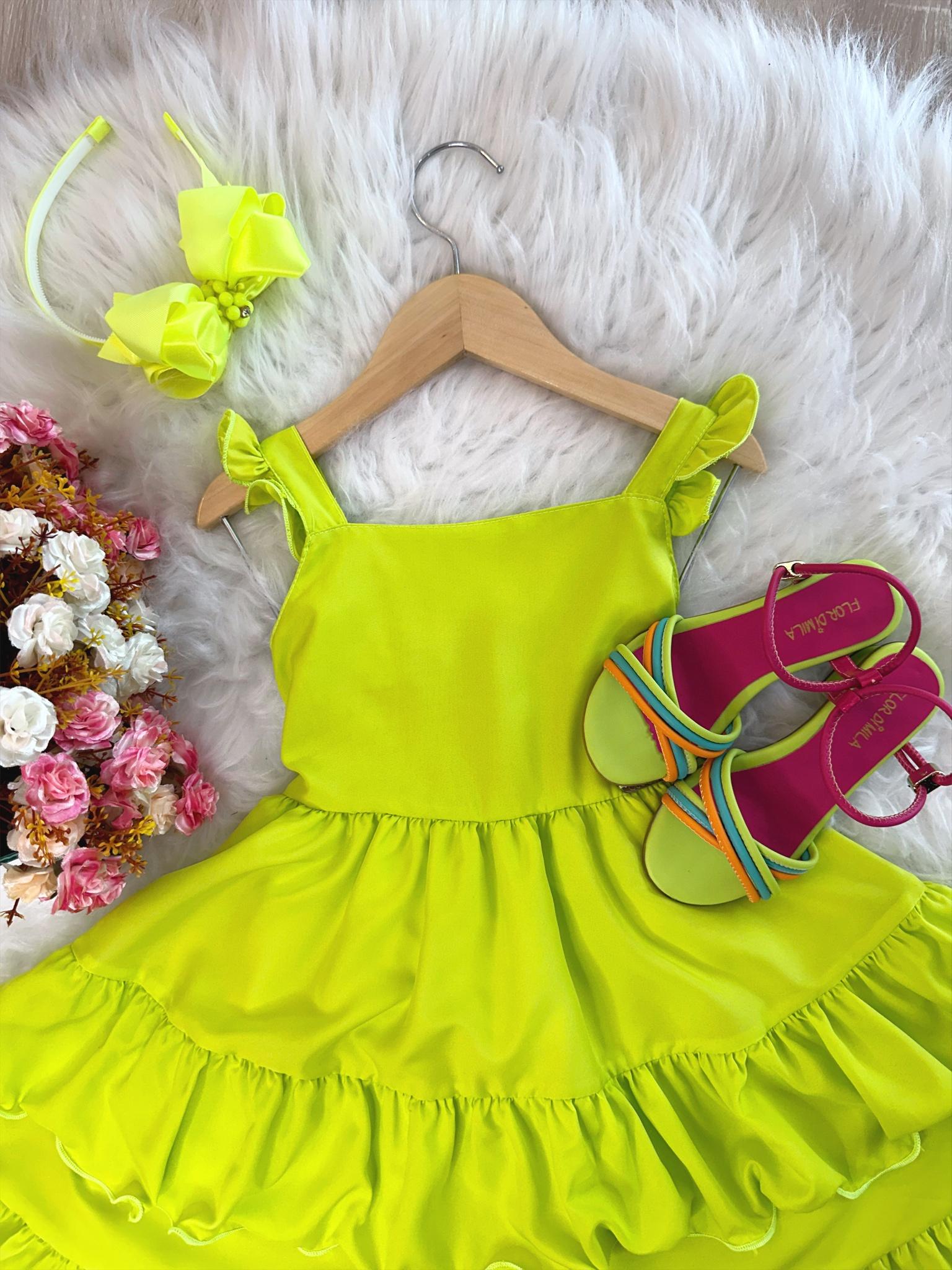 Vestido Infantil Primavera Verão Verde Neon Saia C/ Babado - Rosa ...