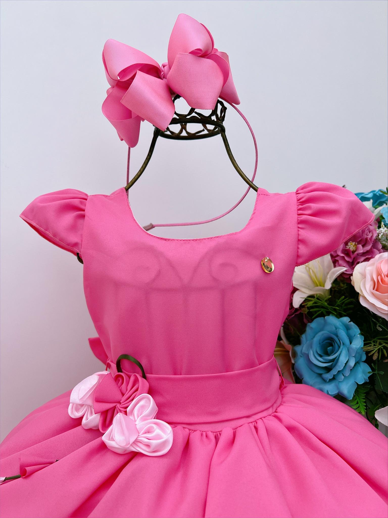 Vestido Infantil Rosa Chiclete C/ Broche de Flores Luxo - Rosa Charmosa ...