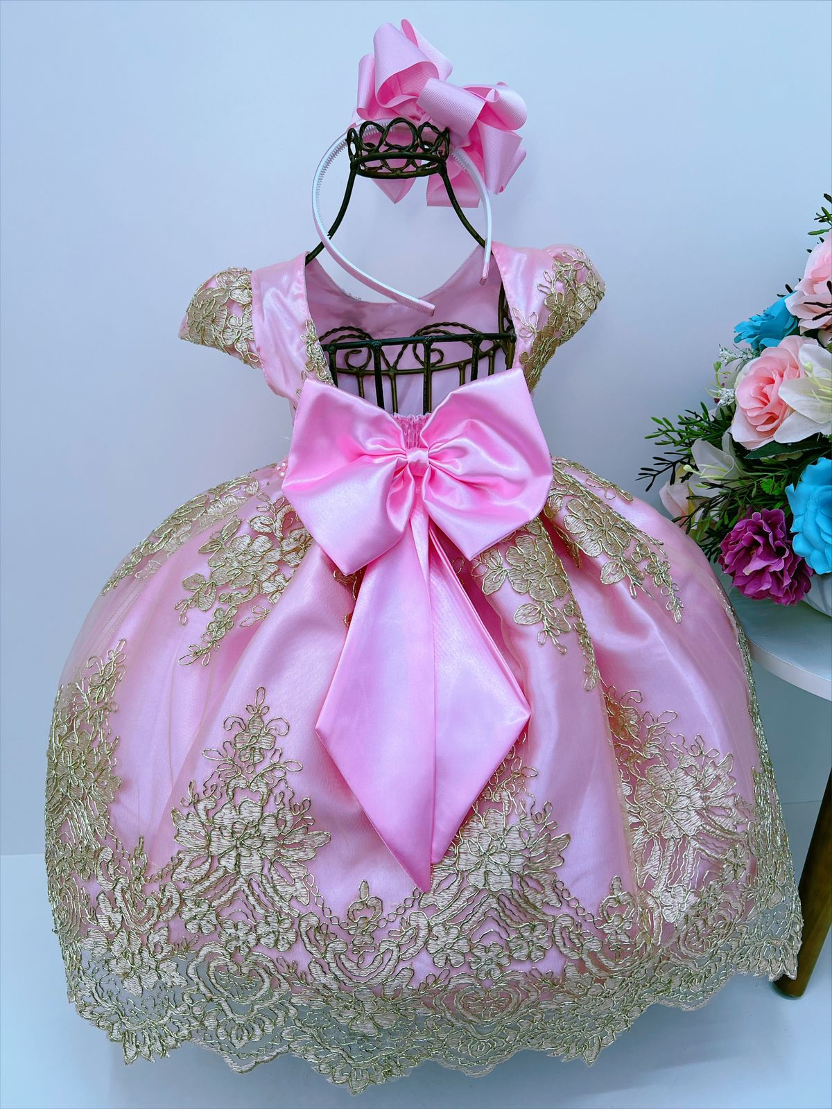 Vestido Infantil Rosa Renda Realeza Dourada C/ Cinto Pérolas - Rosa ...