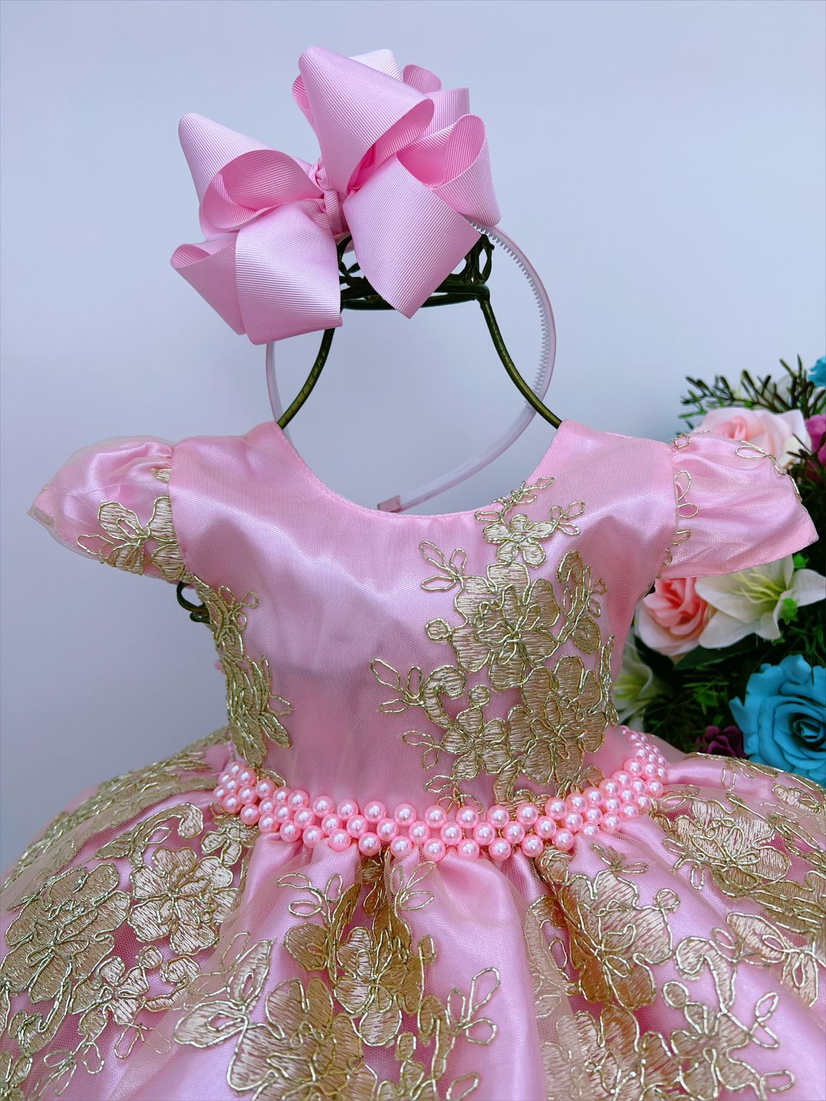 Vestido Infantil Rosa Renda Realeza Dourada C/ Cinto Pérolas - Rosa ...