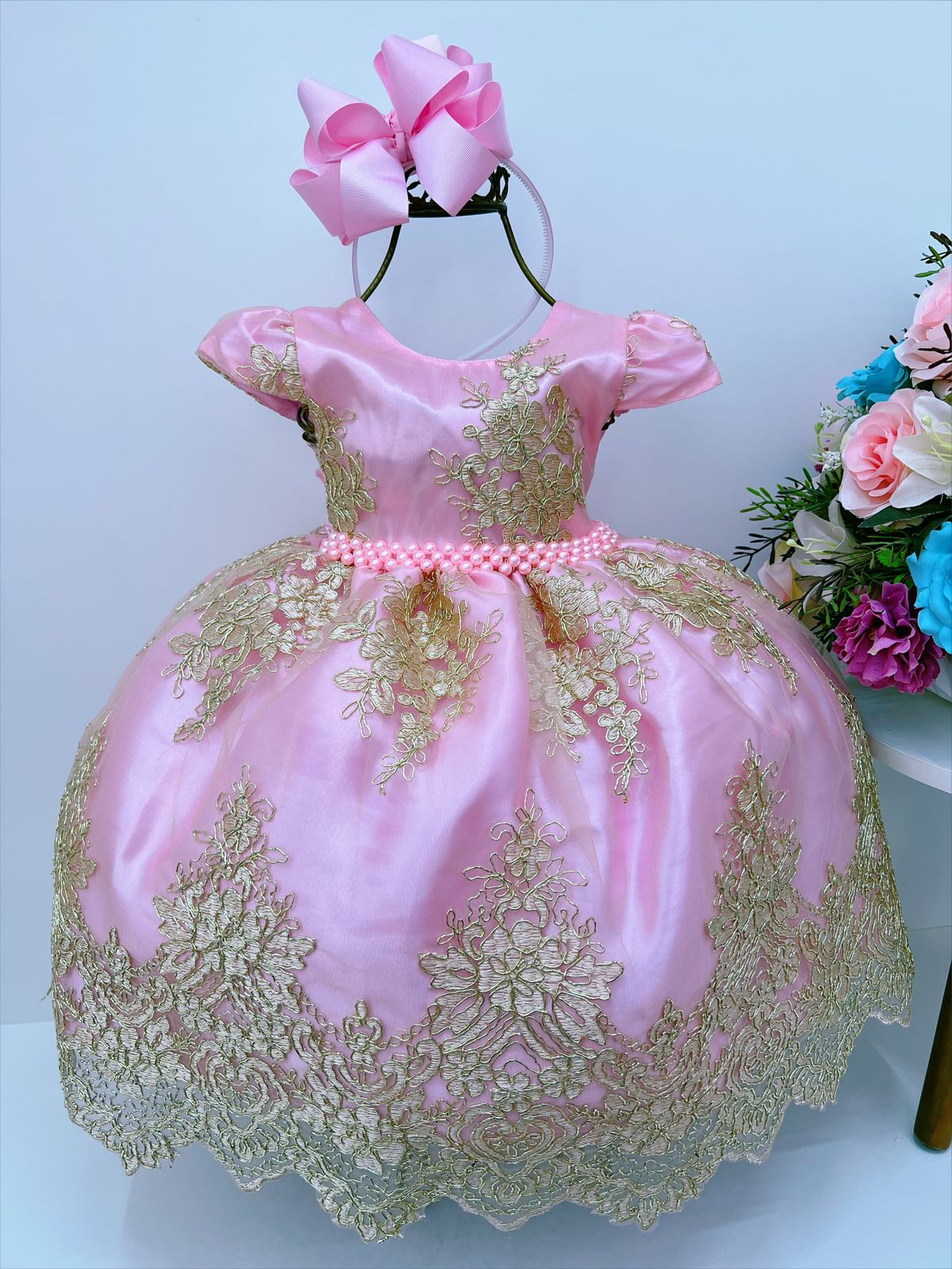 Vestido Infantil Rosa Renda Realeza Dourada C/ Cinto Pérolas - Rosa ...