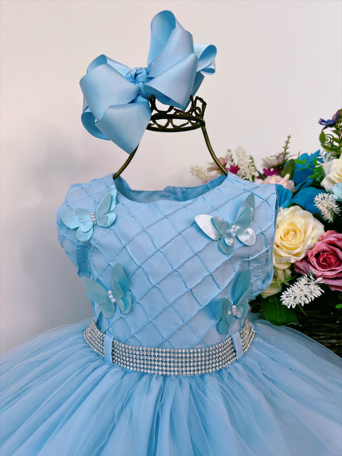 Vestido Infantil Azul Bebê Aplique Borboletas e Strass Luxo - Rosa ...