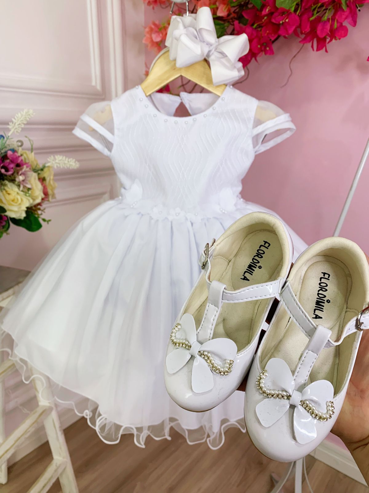 Vestido Infantil Branco C/ Aplique Flores Borboletas e Renda - Rosa Charmosa Atacado
