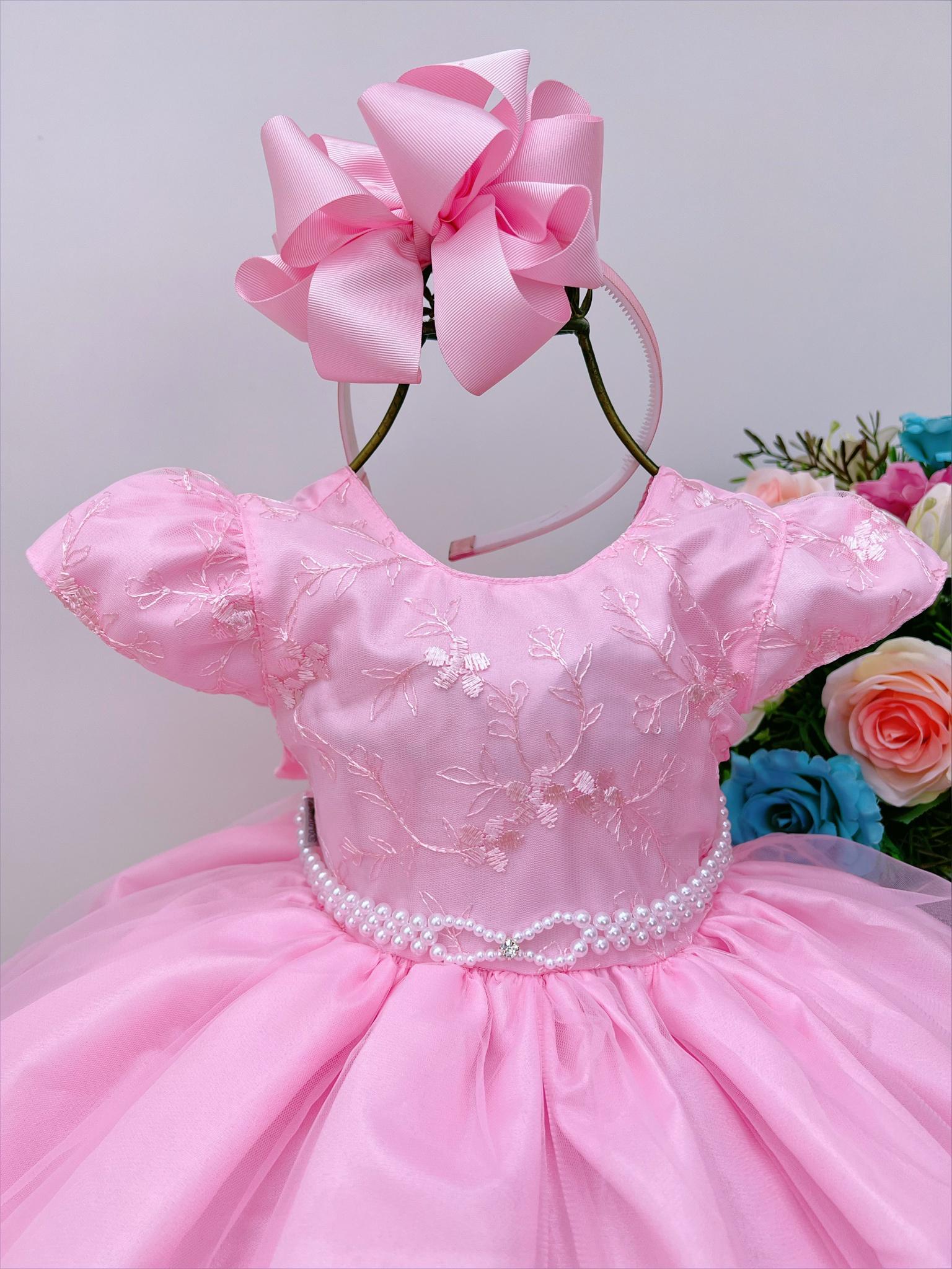 Vestido Infantil Rosa Busto C/ Renda e Pérolas Batizado - Rosa Charmosa Atacado