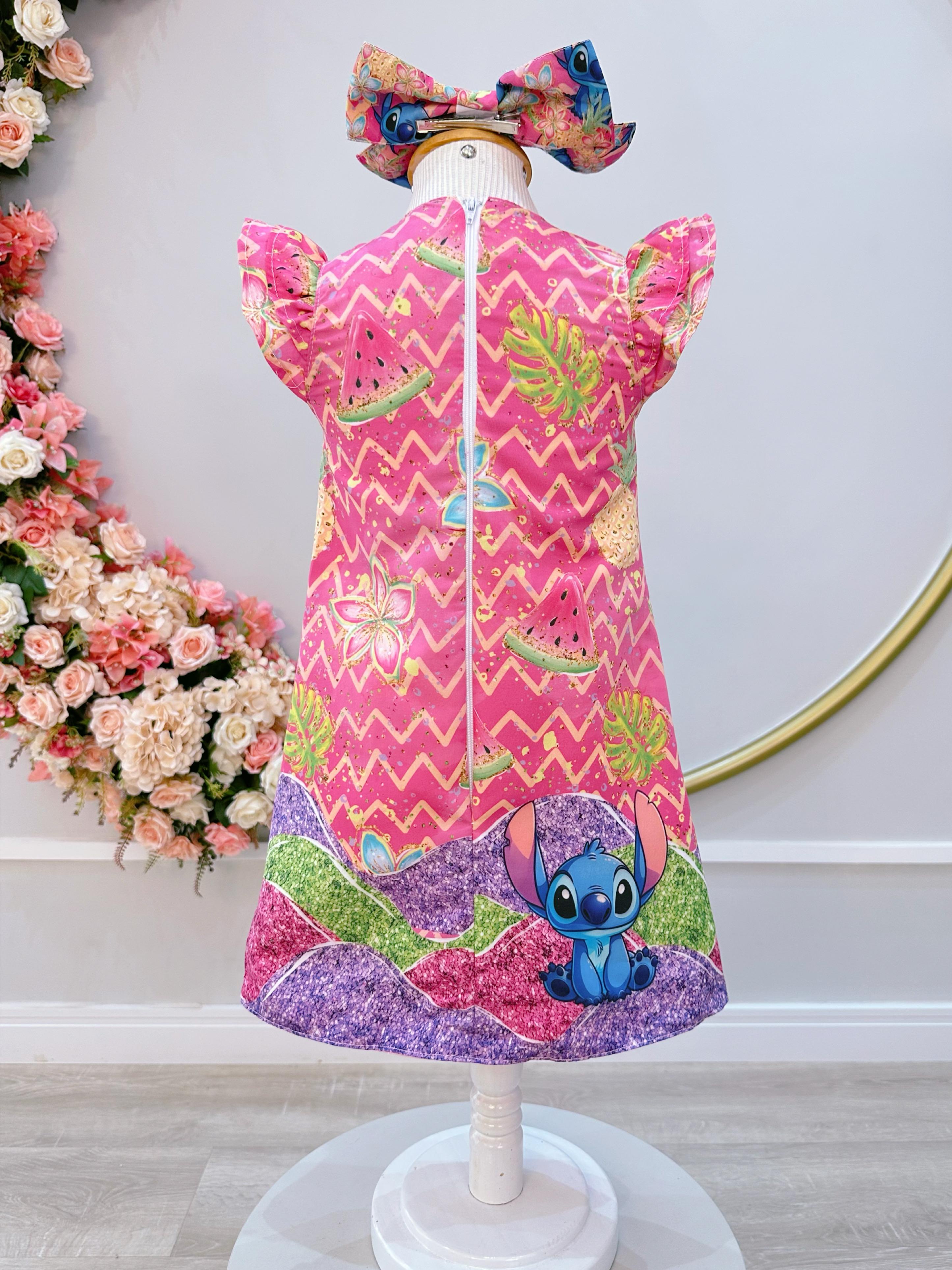 Vestido Infantil Rosa Lilo e Stitch Luxo Festas - Rosa Charmosa Atacado